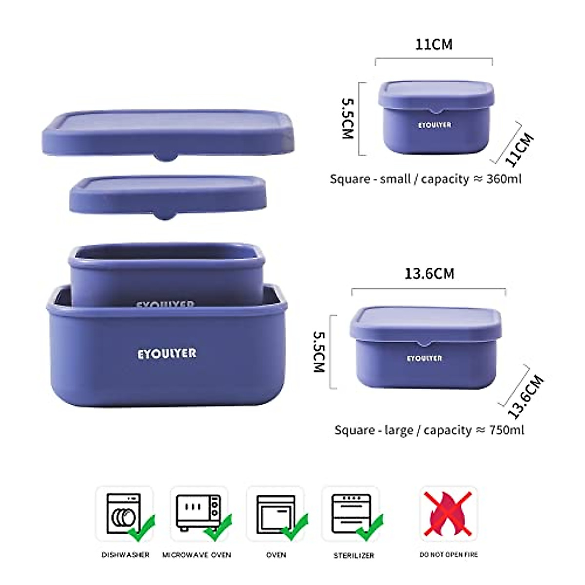 Eyoulyer Silicone Bento Box with Lid Food Storage Durable Bowl Mixing Serving Eating Non-Slip Easy Grip Indoor Outdoor Travel To-Go Food Containers Set2 Canister (BLUE-SQUARE)