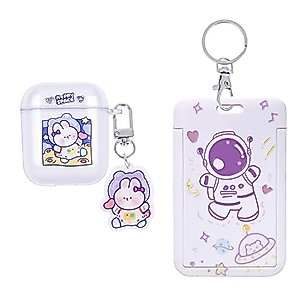 Fycyko Compatible with AirPods 2 Case Clear Cute Cartoon Rabbit Keychain Protective Cover Space Astronaut Purple Pattern Card Cover Credit Card ID Window Design for AirPods 2 &1