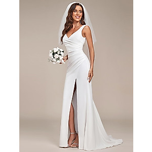 Ever-Pretty Women's Plus Size Open Back V Neck Side Slit Curvy Floor-Length Wedding Dresses White US20