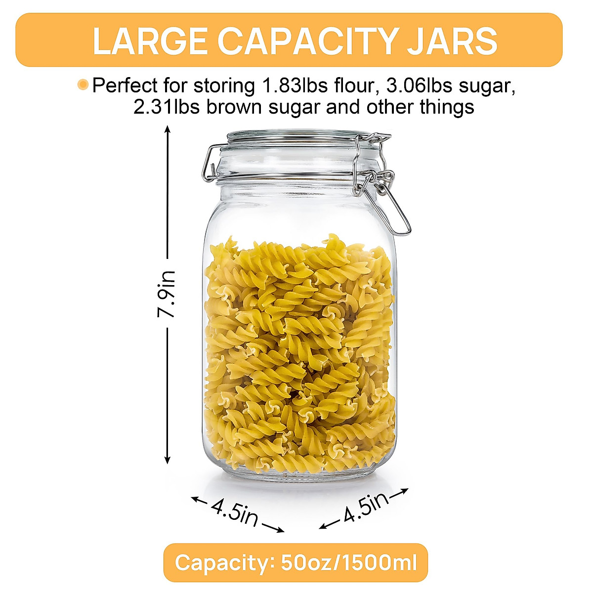 CHEFSTORY 50oz Airtight Glass Jars with Lids, 3 PCS Food Storage Canister for Kitchen & Pantry Organization and Storage, Square Mason Jar Containers for Storing Sugar, Flour, Cereal,Coffee,Cookies