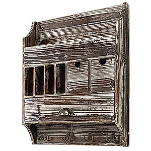 MyGift Torched Wood Entryway Wall Organizer with Mail Holder Organizer, Accessories Storage Compartments, Pull Out Drawers and Dual Key Hooks