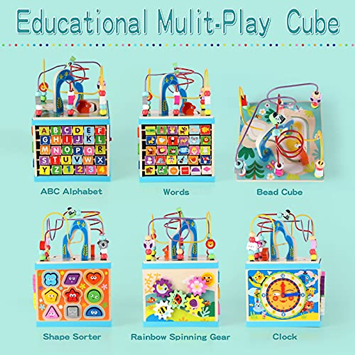 Qilay Wooden Activity Cube for Toddlers 1-3 (Large), 5 in 1 Multipurpose ABC-123 Abacus Bead Maze Shape Sorter | Early Educational Toy for Toddlers - First Birthday Present for Boys Girls