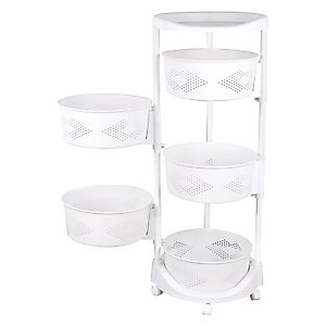 Round Rotating Storage Shelf 5-Tier Kitchen Rack Organizer Household Floor-Standing Vegetables Basket Rack with Lockable Casters for Kitchen, Living Room, White
