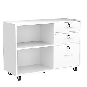 YITAHOME Wood File Cabinet, 3 Drawer Mobile Lateral Filing Cabinet, Storage Cabinet Printer Stand with 2 Open Shelves for Home Office Organization,White