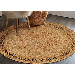 Bedding Craft Hand Woven Farmhouse Jute Area Rug 4 Ft Round Natural Yarn, Rustic Vintage Beige Braided Reversible Rug, Eco Friendly Rugs for Bedroom, Kitchen, Living Room, Farmhouse 100% Jute Rug