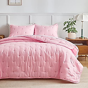 Joyreap 3 Pieces Quilt Set Queen Size Pink, Microfiber Lightweight Quilt Bedding Set, Bedspread Coverlet Bed Cover for All Season, 1 Quilt and 2 Pillow Shams- 90x90 inches