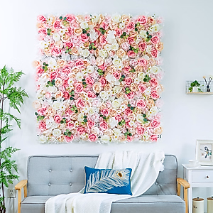 Flower Wall Panel Floral Backdrop - 6 Pcs Pink Flower Wall Decor, 24" X 16" Silk Rose Wall, Artificial Flower Wall Backdrop Faux Flower Panel for Wedding, Party, Nursery, Baby Girl Room, Home Decor
