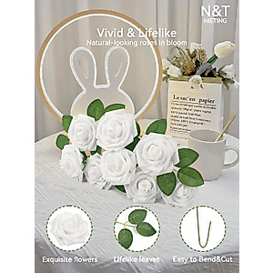 N&T NIETING Artificial Flowers, 25pcs Fake Flowers White Rose Perfect for DIY Wedding Bridesmaid Bridal Bouquets Centerpieces Home Flower Arrangement Decoration
