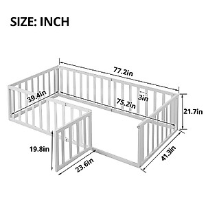 Twin Floor Bed for Kids Solid Wood Montessori Bed Frame with Door & Safety Guardrails Multifunctional Montessori Floor Bed for Toddlers, No Weight Limit, Easy Assemble, White
