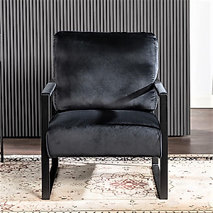 Container Furniture Direct Classic Mid Century Modern Accent Chair with Durable Square Metal Frame, Armchair for Living Room, Bedroom, Home Office in Plush Velvet Upholstery, Black