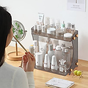 2 Layers Clear Countertop Makeup Organizer and Storage, Cosmetic Storage Tray, Vanity Trays Holder, Perfume Display Rack, Nail Polish Organizer, Assemble Easily, Hard Shell, Elegant, Gray