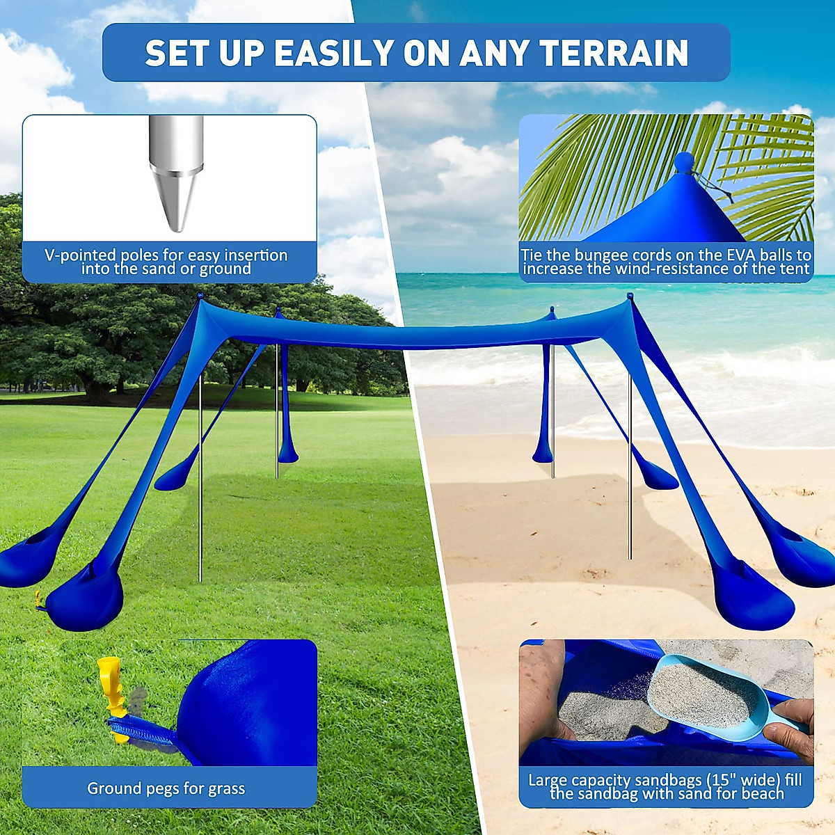 Wabolay Beach Tent Canopy Pop Up Shade 10x10ft Sun Shelter Portable Family UPF50+ with 8 Sandbags-2 Sand Shovel-4 Aluminum Poles-Ground Pegs-Carrying Bag for Outdoor Camping Fishing Backyard Picnic
