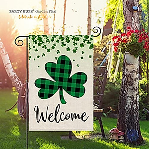 PARTY BUZZ St Patrick's Day Burlap Garden Flag Shamrock Clover (12x18, Double Sided) Saint Patty's Day Irish Yard Flag for Outside
