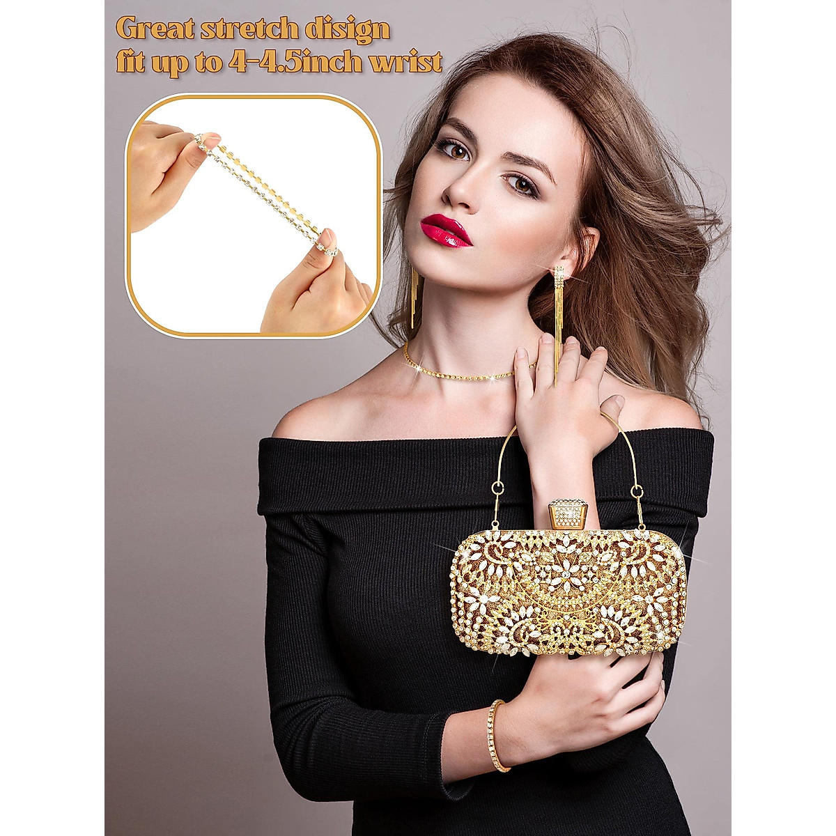 4 Pcs Clutch Purses Jewelry Set for Women Evening Rhinestone Jewelry Set Bling Glitter Diamond Evening Bag Necklace Choker Bracelets Earrings Set for Wedding Bridal Party Prom (Gold)