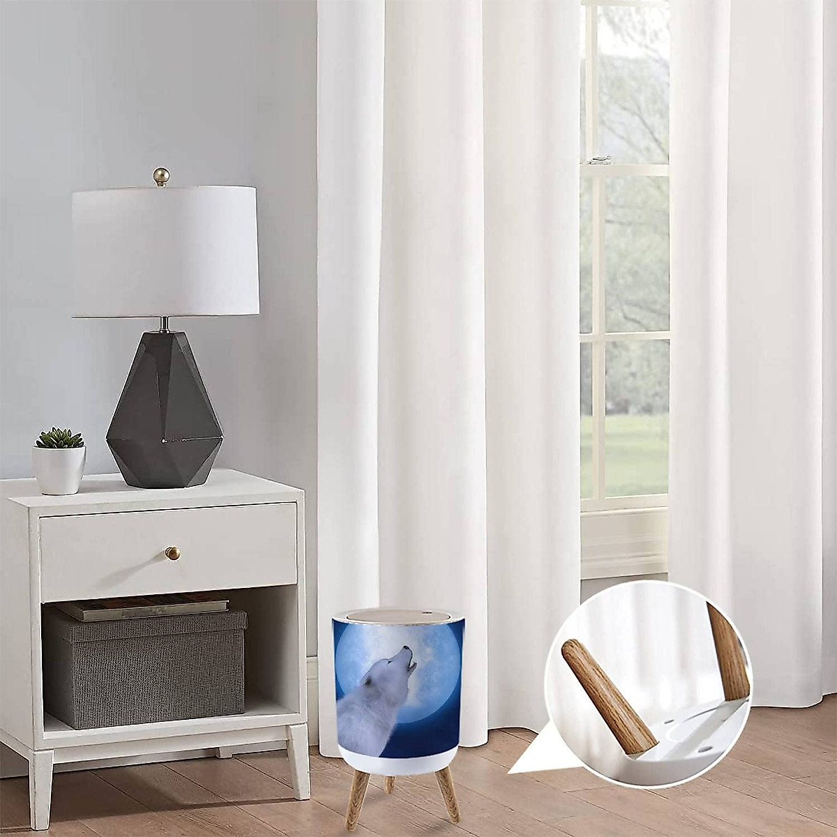 Small Trash Can with Lid for Bathroom Kitchen Office Diaper 3D rendering a majestic white sitting down howling to a big moon Stars Bedroom Garbage Trash Bin Dog Proof Waste Basket Cute Decorative