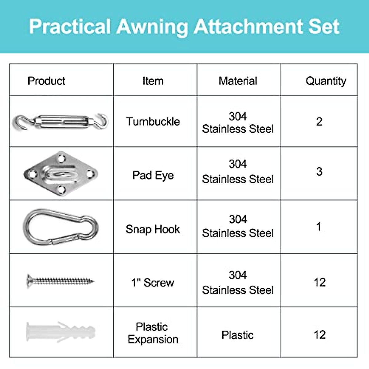 HOMPER Shade Sail Hardware Kit, Stainless Steel Sun Shade Hardware Kit Rectangle 6 inch, Heavy Duty Sun Shade Sail Fixing Accessories Awning Attachment Set for Garden Patio Outdoor