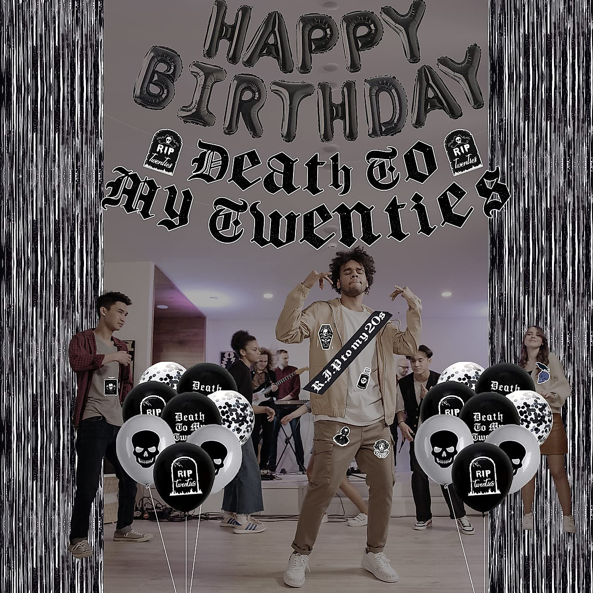 Black 30th Birthday Decorations for Women or Men, Death to My 20s Decorations, Death to My Twenties Banner Number 30 Balloons Rip to My 20s Sash Cake Toppers for Rip 20s Birthday Decorations