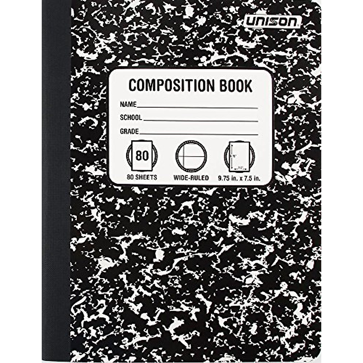 Bundle of 5 Wide Ruled Marbled Composition Notebooks; 1 of Each Color ;Red, Blue, Green, Yellow and Black