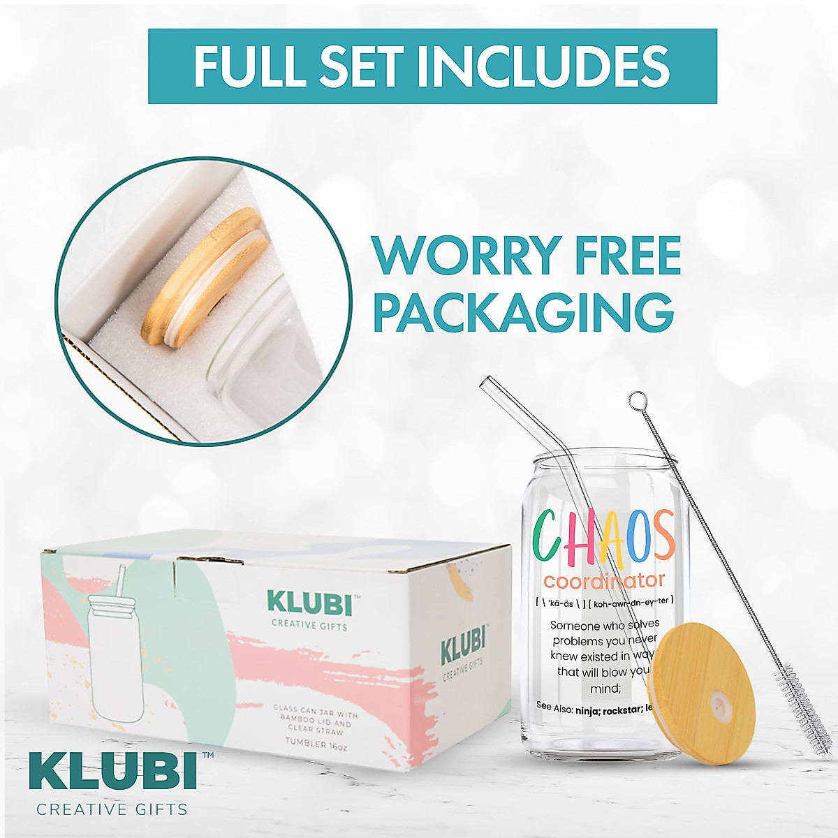 KLUBI Chaos Coordinator Glass Cup With Straw 16oz Chaos Coordinator Gifts for Women Christmas Gifts Officiant Gifts for Wedding Day Promotion Gifts for Women Nurse Gifts Bosses Day Gifts for Her