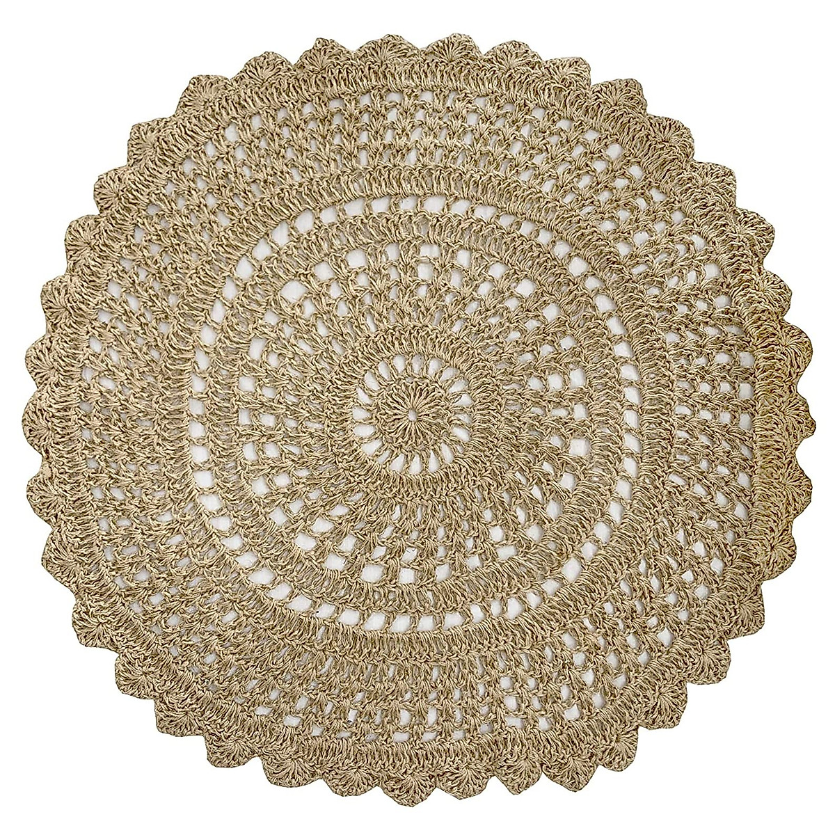 THE BEER VALLEY Jute Crochet Hand Woven Rug, 3' Round - Natural, Anti Slip Handmade Scalloped Small Accent Rugs for Patio, Kitchen Boho Décor - 3 Feet Round