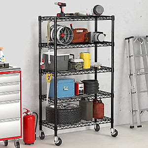 Hodonas Metal Shelving Unit with Wheels, 5-tier Wire Shelving with Adjustable Shelves for Storage, Freestanding Heavy Duty Metal Wire Storage Shelf Rack for Pantry Garage Kitchen, 36"W x 14"D x 75"H