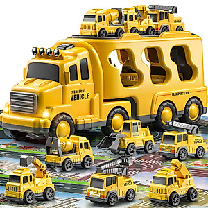 TEMI Construction Truck Toys Car for 3 4 5 6 Year Old Toddlers Boys, 7-in-1 Carrier Construction Vehicles Toys w/Play Mat, Car Toys Set for Kids Girls Christmas Birthday Gifts