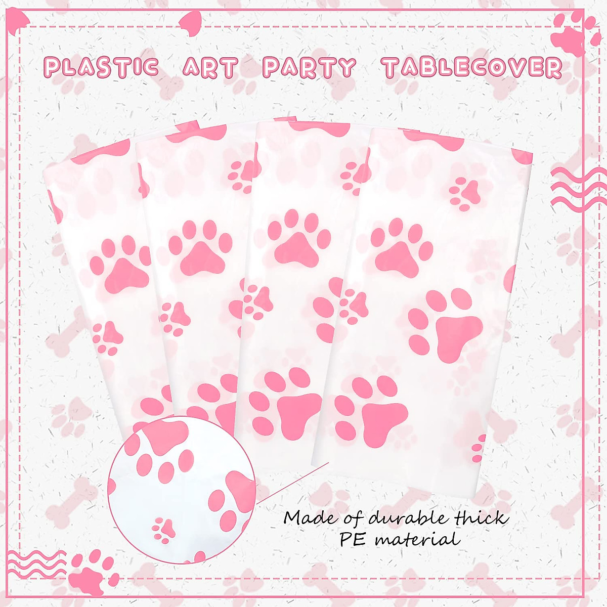 KEFAN 4 Pack Puppy Dog Pet Paw Print Plastic Tablecloth Table Cover Pink Paw Birthday Party Decorations Dog Party Decorations, Puppy Party Supplies for Dog Cat Birthday Party (51 Inch x 86 Inch) (4)