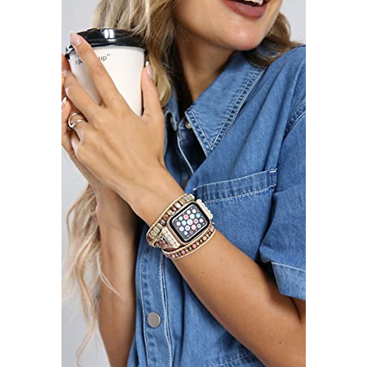 BOKIIWAY Handmade Beaded Boho Watch Bracelet Band Compatible with Apple Watch 38mm/40mm/41mm/42mm/44mm/45mm-Watch Strap for Iwatch Series 8/7/6/5/4/3/2/1/SE for Women (38/40/41mm, Mahogany Grain)