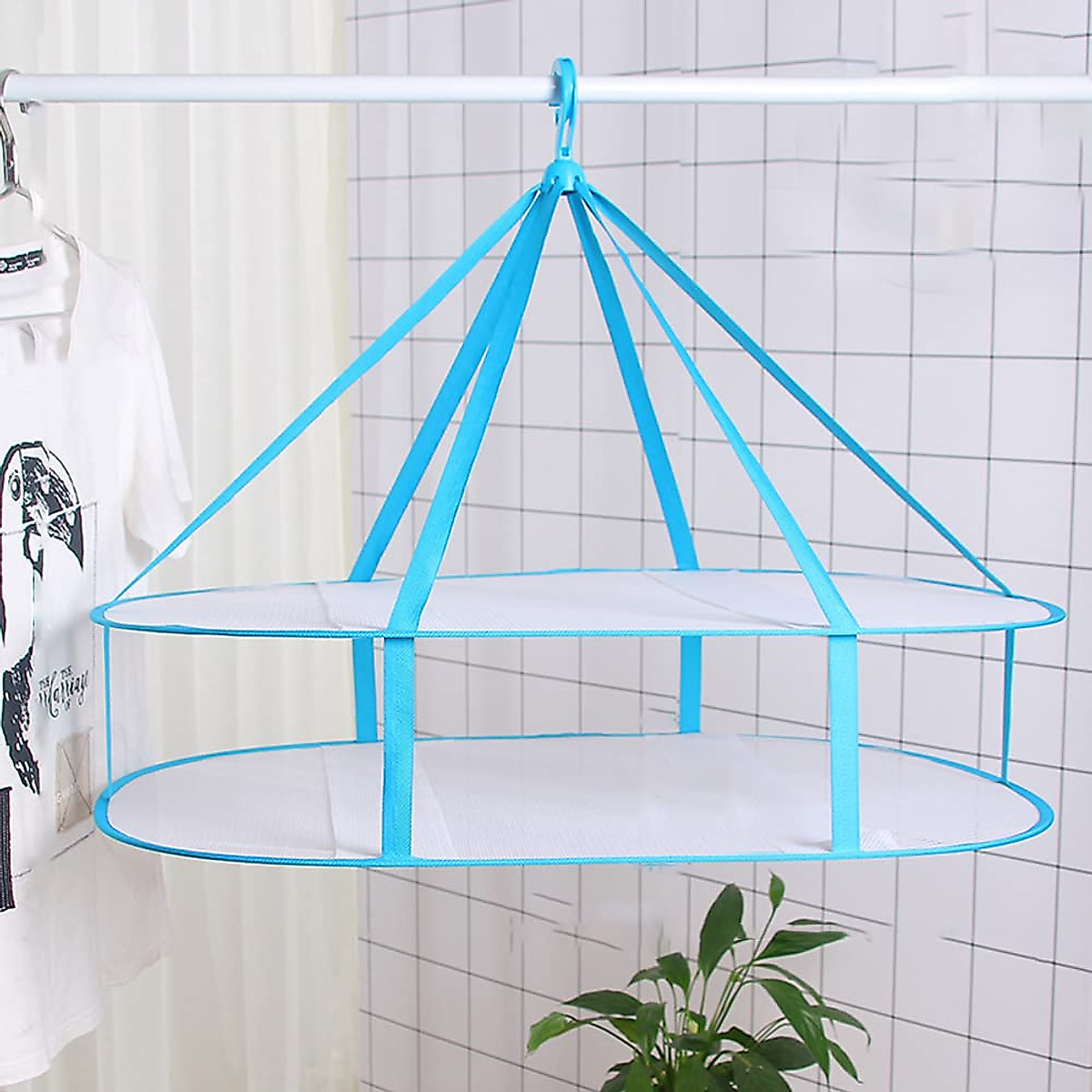 2 Tier Folded Mesh Clothes Hanging Dryer Sweater Drying Rack,Windproof Laundry Drying Rack,Foldable Hanging Mesh Dryer for Underwear Lingerie Sweater Outdoor, Indoor(blue,size:30.7x24x23.6inch)