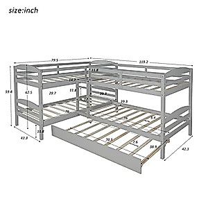 Quad Bunk Bed with Trundle L-Shape Bunk Bed Twin Over Twin Corner Bunk Bed for 4 or 5 Kids Boys Girls Teens, Gray