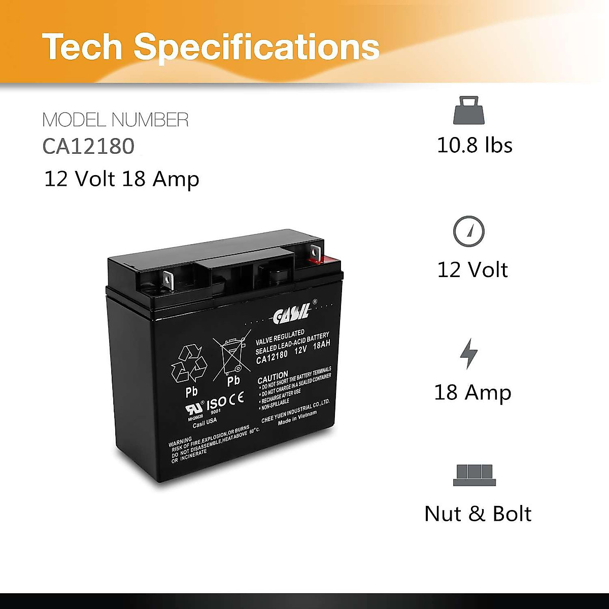 Casil 12v 18ah AGM Rechargeable Deep Cycle Replacement Battery for UB12180 CB19-12 FM12180 6fm18