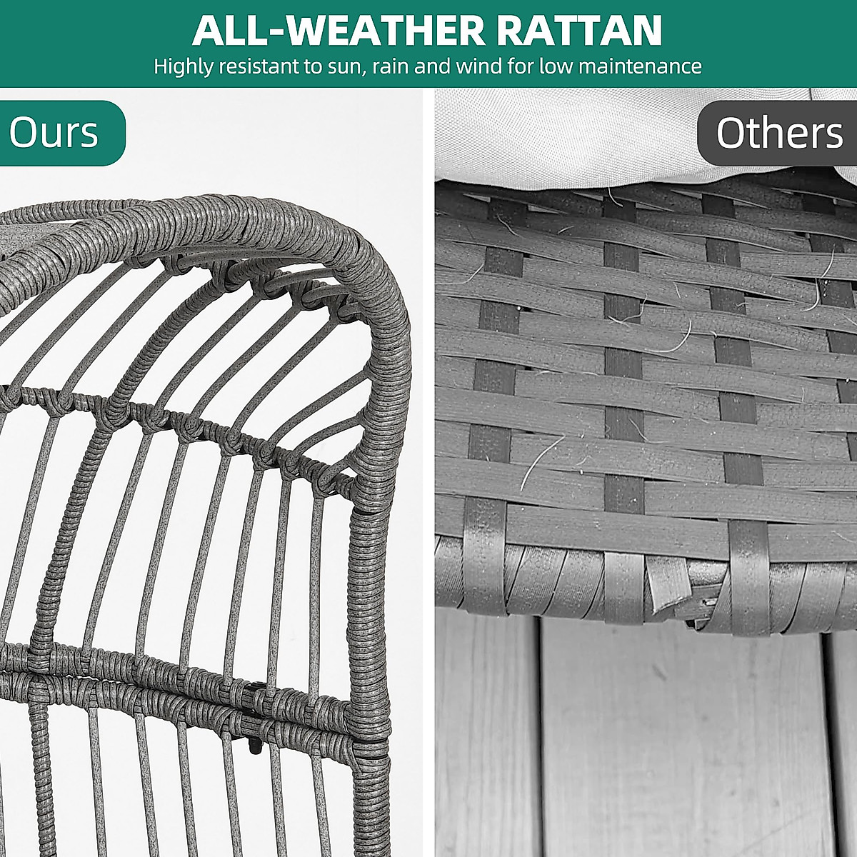 YITAHOME Outdoor Narrow Egg Chair Wicker, Patio Rattan Basket Chair with 370lbs Capacity Indoor Egg Chairs with Stand & Cushion Cocoon Chair for Bedroom, Patio, Balcony - Grey