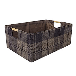 ANMINY 2PCS Storage Bins Set Foldable Cotton Linen Open Storage Baskets Box with Wood Handles Decorative Shelf Closet Clothes Towel Laundry Organizer Container - Medium, Coffee Plaid