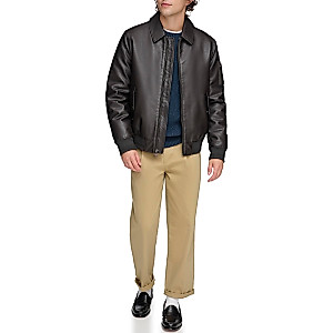 Tommy Hilfiger Men's Smooth Lamb Touch Faux Leather Unfilled Bomber, Dark Brown Laydown Collar, Large
