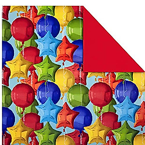 Hallmark All Occasion Reversible Wrapping Paper (3 Rolls: 75 sq. ft. ttl) Colorful Balloons, Stars on Orange, Cupcakes, Blue Stripes, Solid Red for Kids Birthdays, Graduations, Celebrations