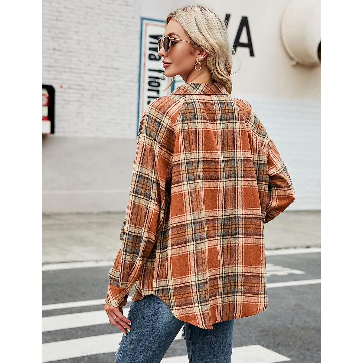 Blooming Jelly Womens Long Sleeve Shirts Flannel Plaid Tops 2023 Button Down Casual Fall Outfits Shacket(Medium, Orange Plaid)