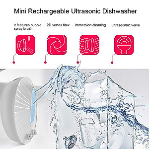 Mini Ultrasonic Dishwasher, Rechargeable Portable Kitchen Cleaner with Bubble Spray Brush and 10 Minutes Timing Function ()