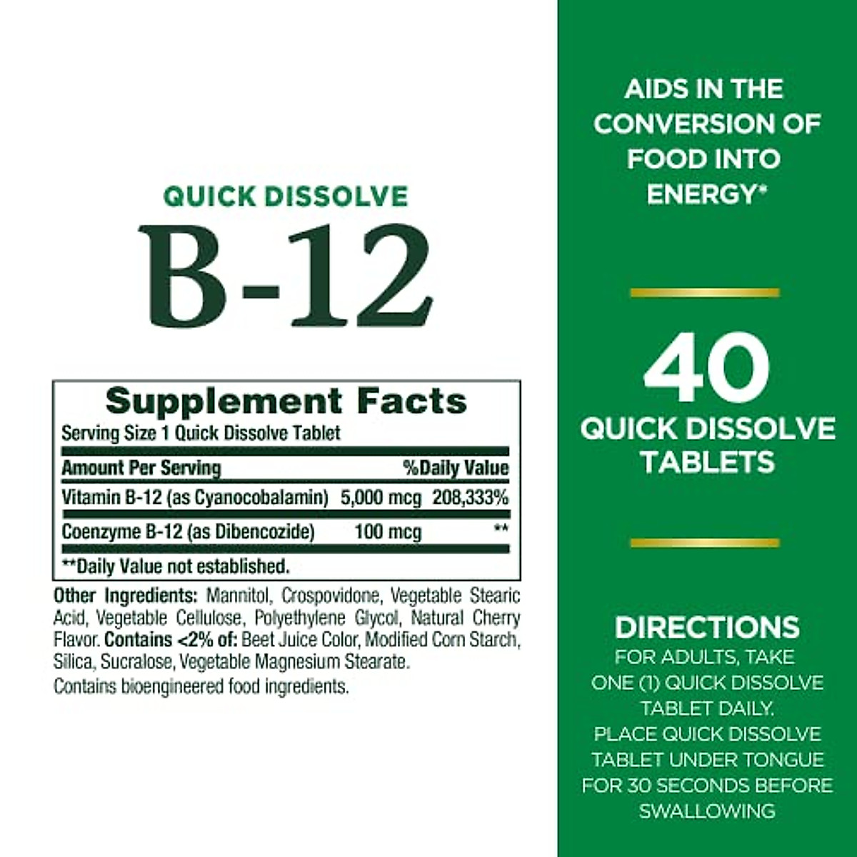 Nature's Bounty Vitamin B12, Quick Dissolve Vitamin Supplement, Supports Energy Metabolism and Nervous System Health, 5000mcg, 40 Tablets