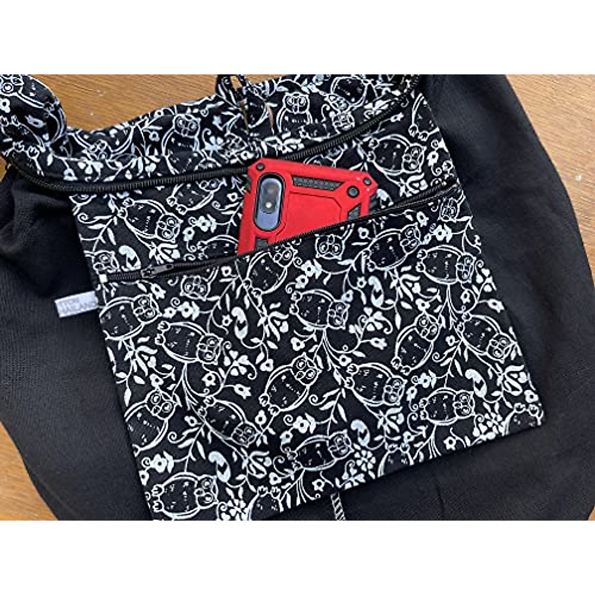 Owl Sling Bag - Fully Lined with Front Zippered Pocket - Handmade Crossbody Handbag - Medium (Black and White)