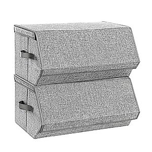 SONGMICS Stackable Storage Bins, Set of 2 Fabric Storage Boxes with Lids, with Magnetic Closures, Lid Can Stay Open after Stacking, ‎19.7 x 13.8 x 9.8 Inches, Light Gray URLB03GY
