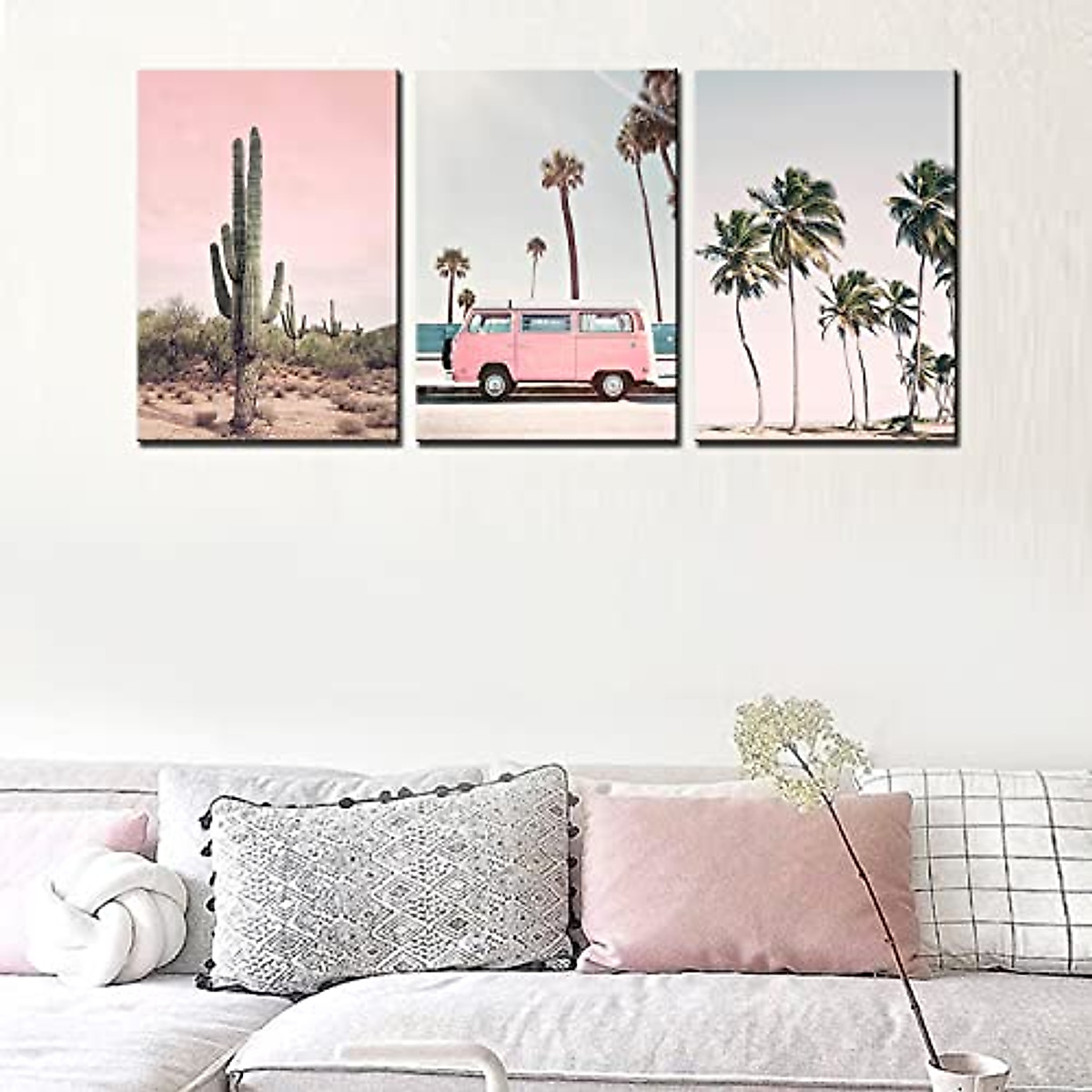 Tucocoo Modern Pictures for Living Room Beach Palm Trees Paintings 3 Pieces Canvas Summer Pink Wall Art Saguaro Cacti Artwork Home Decor Giclee Wooden Framed Stretched Ready to Hang(42x20inch)