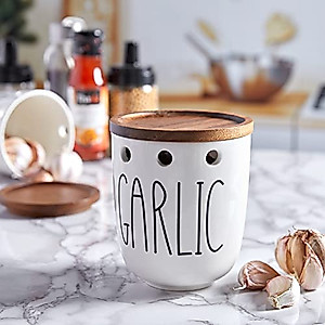 DAYYET Garlic Keeper for Counter, Ceramic Garlic Keeper with Acacia Wood Lid, Garlic Holder Storage Container to Keep Your Garlic Cloves Fresh Longer, Garlic Saver for Kitchen, White