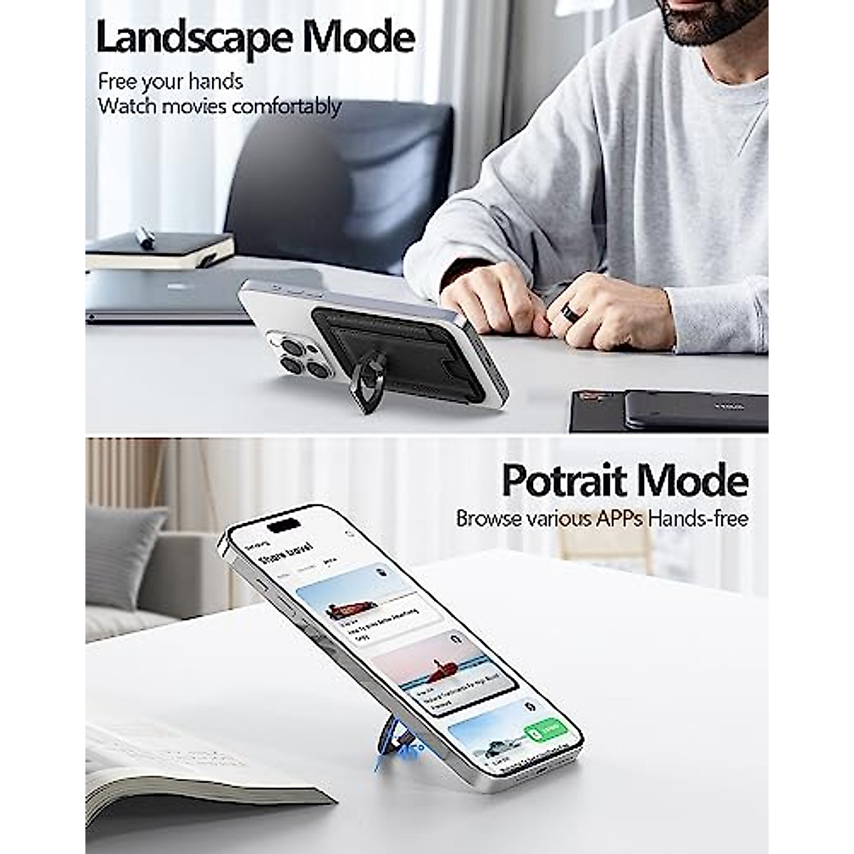 Miroddi Magnetic Wallet for iPhone 12 13 14 15 Accessories Set for Magsafe Credit Card Holder Can Store 3 Cards Back of Leather Phone Wallet with Ring Grip Black