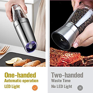 AVNICUD Electric Salt and Pepper Grinder, Automatic Pepper Mill, Gravity Salt Grinder, Battery-Operated with Adjustable Coarseness, LED Light, One Hand Operated (Silver 2Pack)