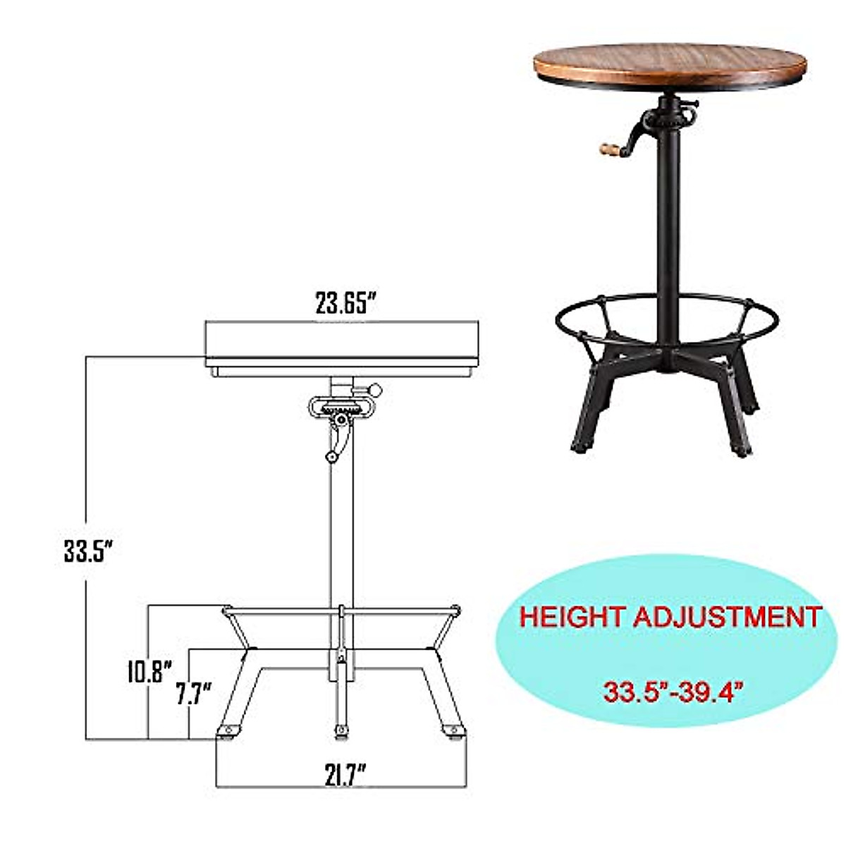 Topower Industrial Pub Table 23.65" Round Wood Top Adjustable Height 33.5"-39.4" with Handle Black Bar Table