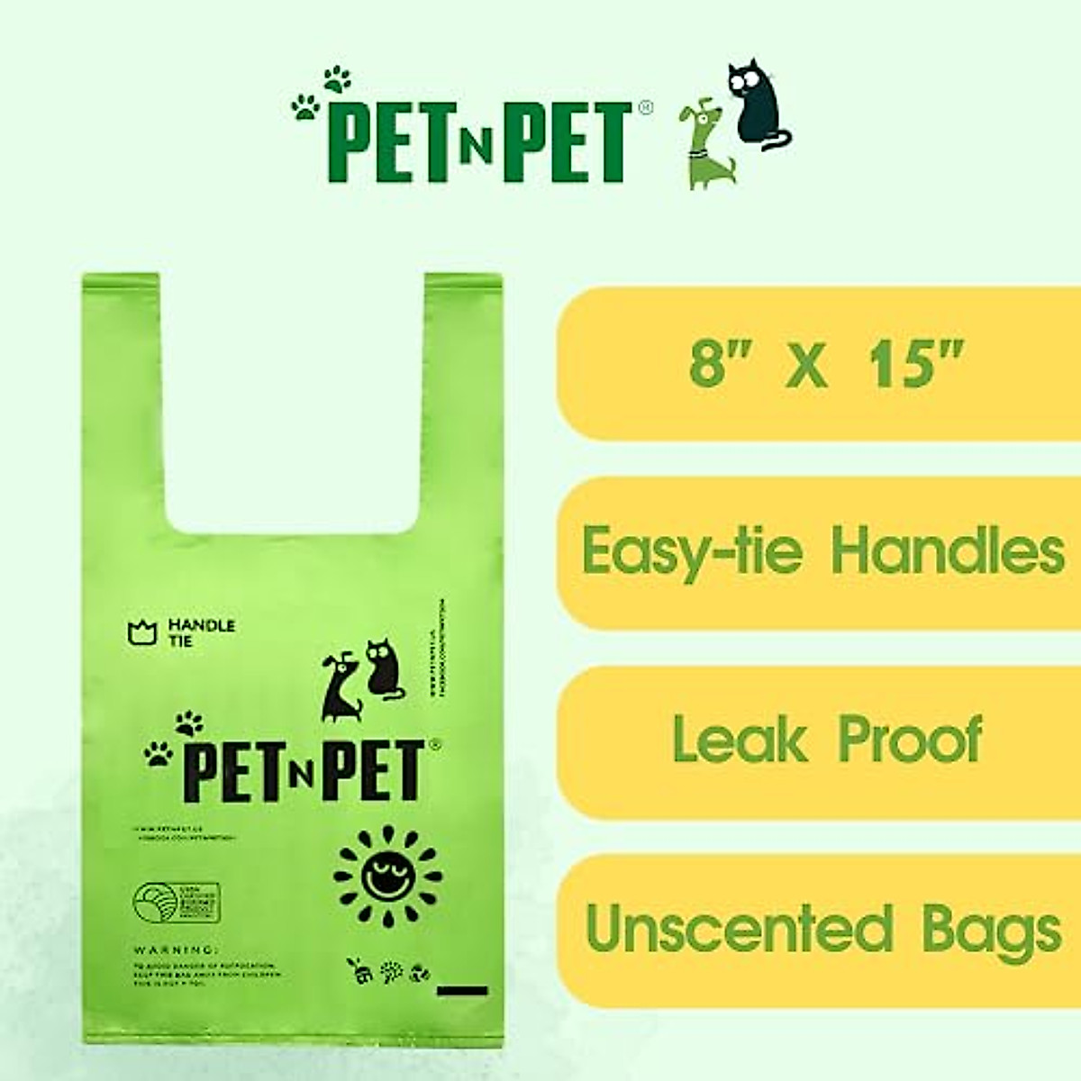 PET N PET Poop Bags 200 Counts Unscented, Dog Poop Bags with Easy Tie Handles Earth-Friendly Dog Waste Bags, Cat Litter Bags 8 x 15 inch, Completely Leak Proof, Easy Dispensing