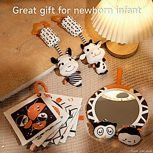 TUMAMA Black and White Baby Toys, High Contrast Baby Tummy Time Toys, Newborn Soft Books Mirror Rattles, Montessori Sensory Toys 0-12 Months, Hanging Infant Toys for Carseat Stroller Play Mat Crib