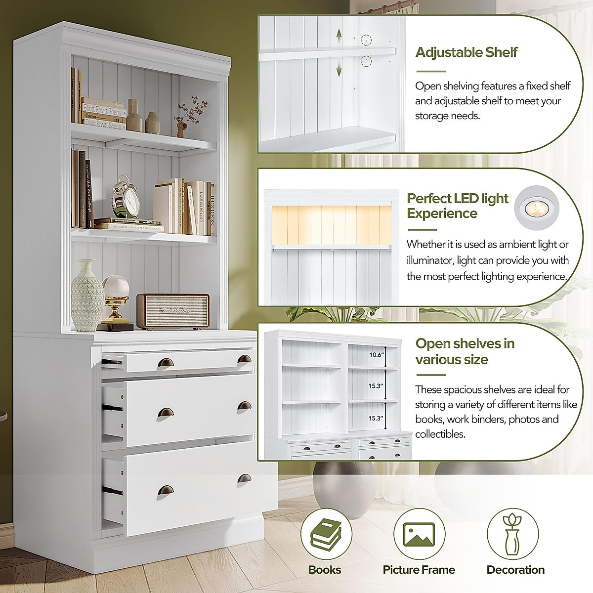 LZ LEISURE ZONE 2 Bookshelf & 1Desk Suite, 83.4" Modern Bookcase Suite with LED Lighting, Drawers and Open Shelves, 3-Piece Set Storage Bookshelf for Living Room/Home Office/Study Room, White