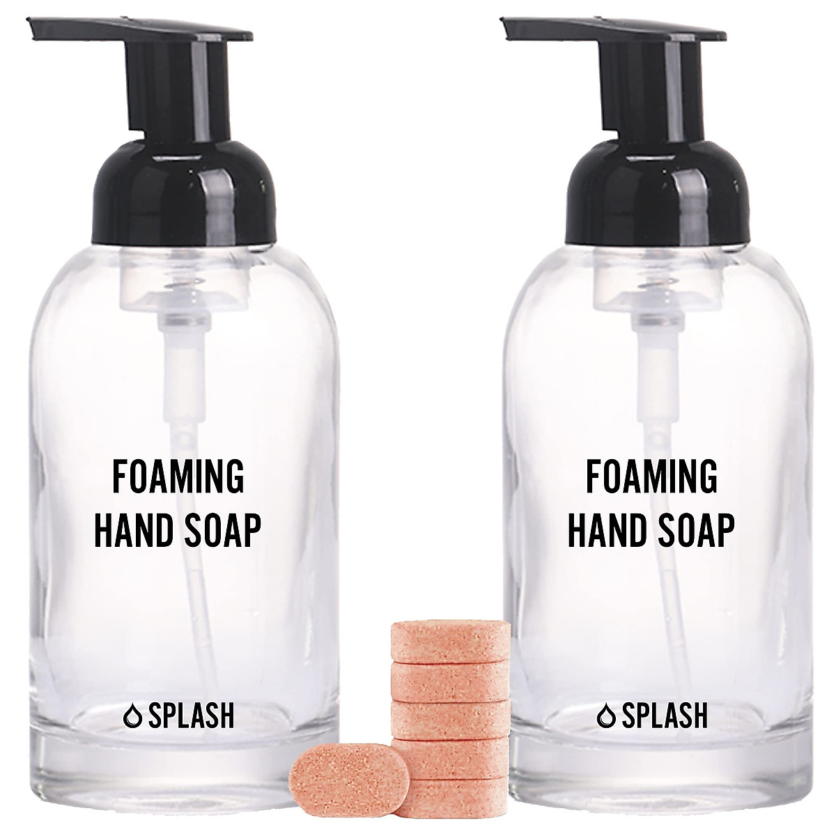 Splash | Glass Soap Dispenser with Foam Pump | Refillable Foaming Soap Dispenser for Bathroom Kitchen | 2 Pack 8 FL OZ (16oz Total) Clear Soap Dispenser | x6 Hand Soap Included