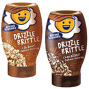 Popcorn Drizzle Sauce Bundle. Includes Two-13.1 Oz Kernel Seasons Drizzle Brittle Popcorn Topping. One Each Flavor: Caramel Drizzle and Chocolate Drizzle. Comes With a BELLATAVO Fridge Magnet!